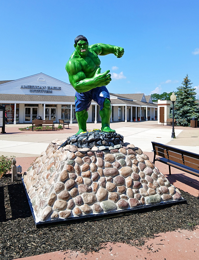 The Hulk statue: where superhero meets shopping center. Nothing says "premium outlets" quite like a raging green giant ready to smash retail prices.