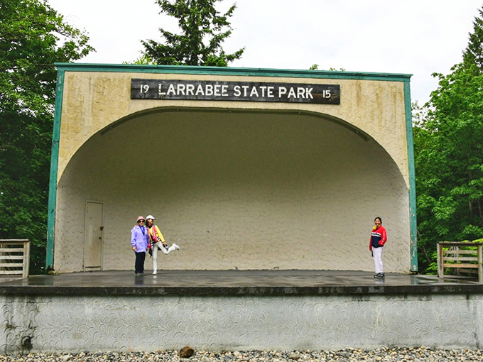 The historic bandshell stands ready for summer concerts, though the real symphony is the surrounding chorus of wind, waves, and birdsong.