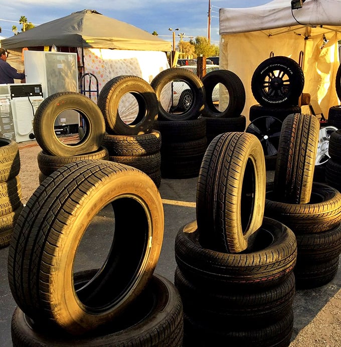 The tire pyramid&mdash;where rubber meets the road and your wallet breathes a sigh of relief.