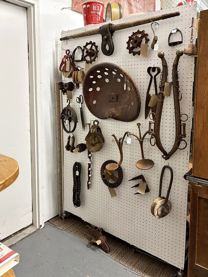 A pegboard symphony of mysterious tools that your grandfather would recognize instantly and could tell stories about for hours.