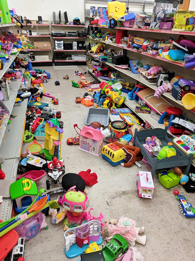 The toy section after a tiny tornado has passed through. One shopper's chaos is another's chance to find that long-lost childhood favorite.