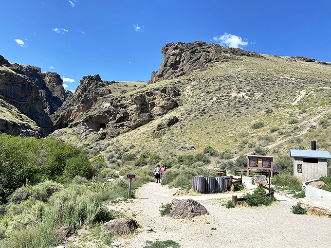 Desert meets oasis at the Jump Creek trailhead, where sagebrush hills give way to a surprisingly lush canyon experience.