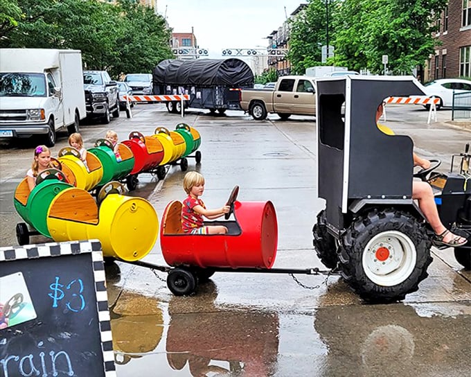 All aboard the happiness express! This colorful barrel train delivers childhood delight for $3&mdash;proving some of life's best rides still come without screens attached.