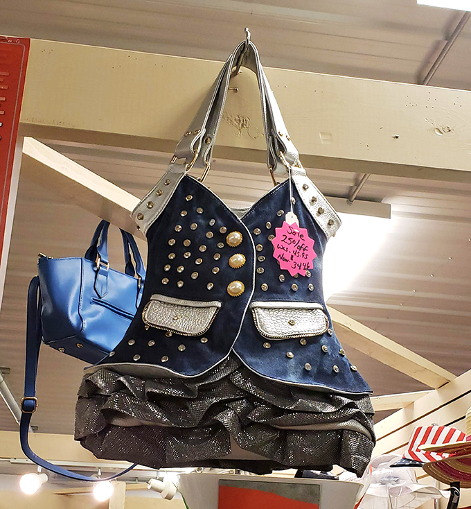 Not your average mall purse! This studded denim creation makes a statement that says, "I found something you definitely don't already own."