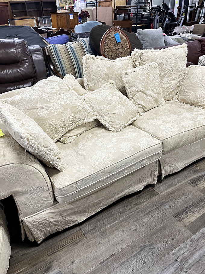 This cream brocade sofa isn't just furniture&mdash;it's a throne for your next Netflix marathon, already broken in for comfort.