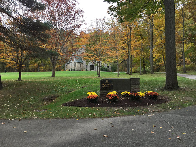 A sign welcomes visitors to this enchanted spot. The flowers add a touch of color that says, "Yes, this castle is actually maintained."