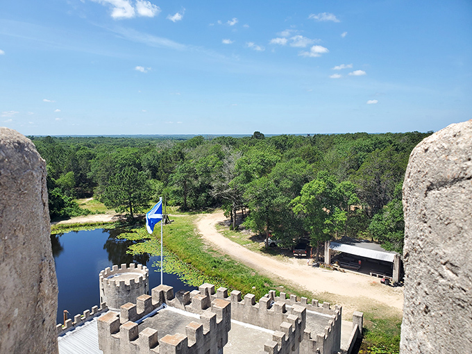 Castle tower views stretch across rolling Texas countryside, offering panoramic vistas worthy of any royal residence.