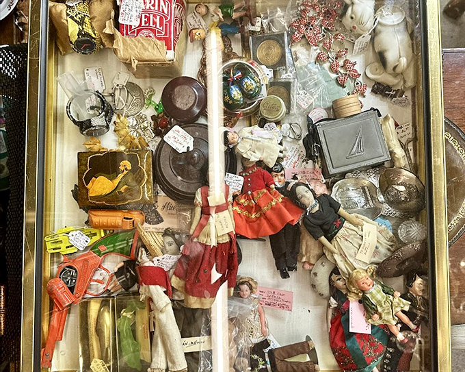 This glass case is where childhood memories and collectible dolls come together in a display that's equal parts nostalgic and slightly haunting.