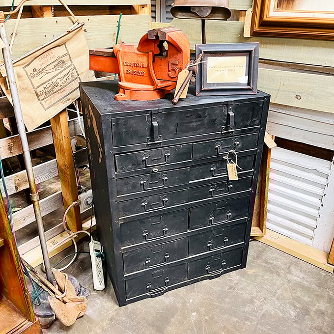 Industrial chic before it was Instagram-worthy. This metal cabinet once organized a workshop; now it's the statement piece your living room never knew it needed.