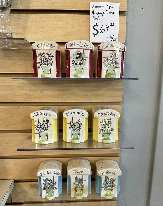 These vintage spice containers prove the seventies understood kitchen charm, offering herb storage with personality and delightful hand-painted details.