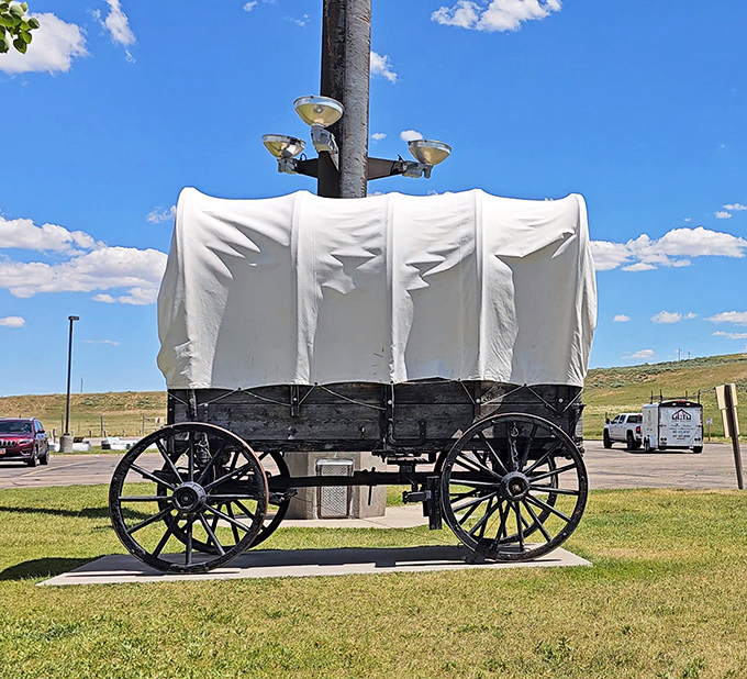 This covered wagon isn't just a historical display&mdash;it's a time machine parked conveniently off I-80.