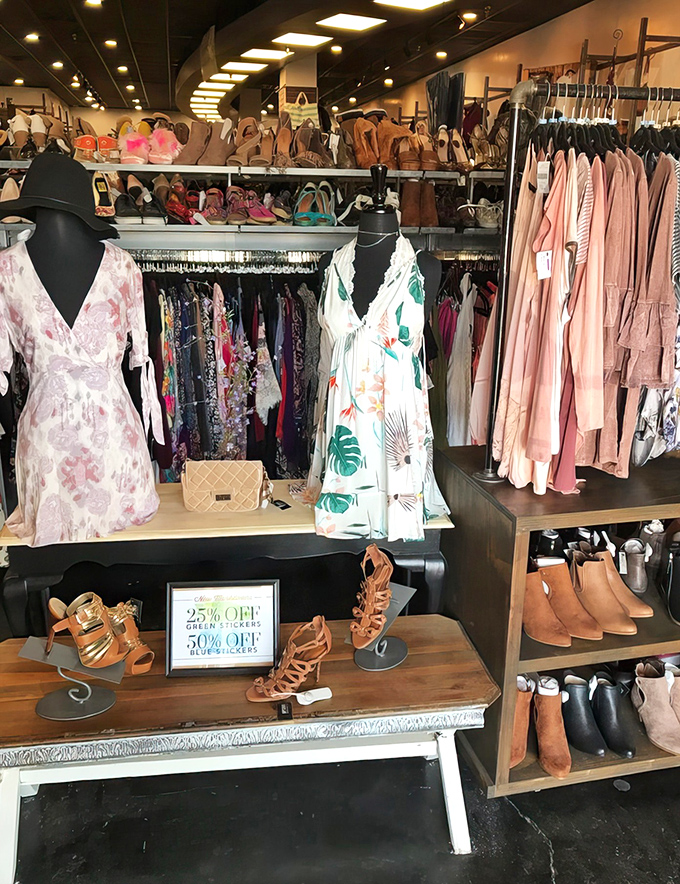 A rainbow of possibilities hangs in perfect harmony, with summer dresses and designer bags creating a visual feast for style-hungry shoppers.