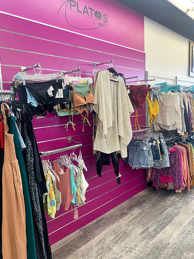 A splash of pink brightens the women's section, where swimwear and casual tops promise summer vibes regardless of the temperature outside.