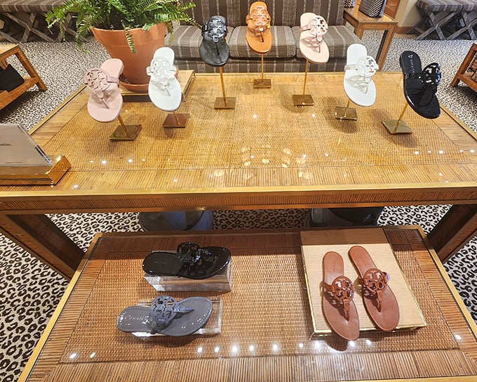 Tory Burch sandals displayed like museum pieces&mdash;proof that practical footwear can double as affordable art when arranged with such loving care.
