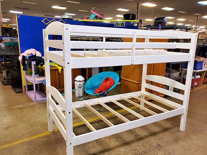 Bunk bed bonanza! This pristine white sleeper isn't just furniture&mdash;it's childhood adventures and sleepovers waiting to happen.