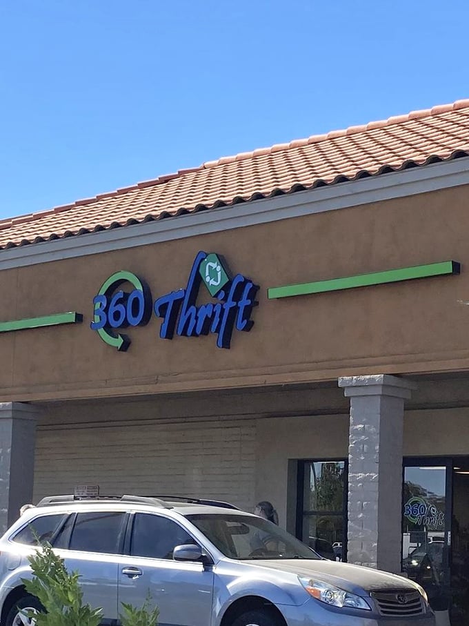 360 Thrift's bright signage signals a fresh approach to the traditional thrift store shopping experience. 