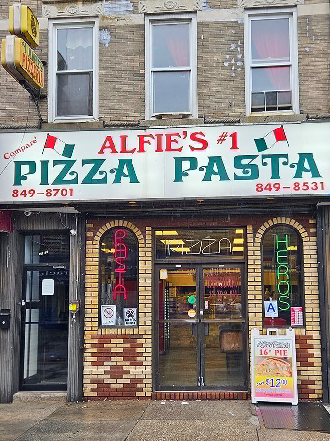 Alfie's Pizzeria: The classic Italian flag colors and brick facade announce: "Serious pizza happens here!" No passport required.