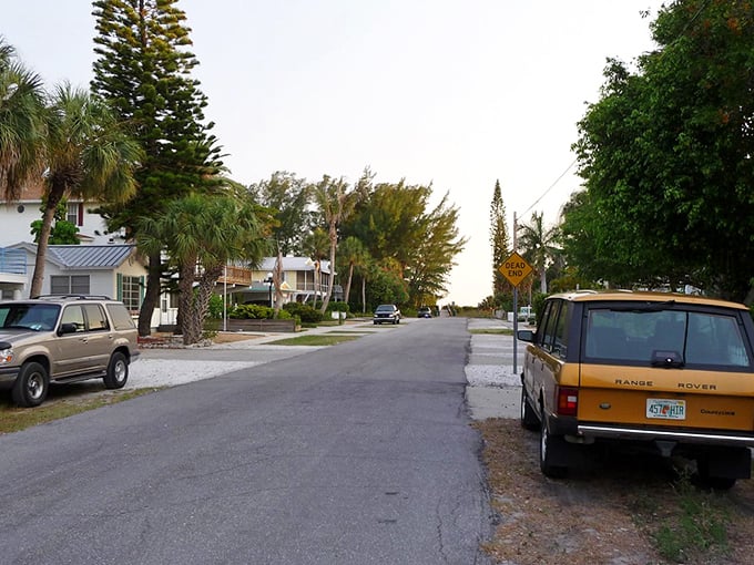 This quiet Anna Maria neighborhood feels like a laid-back slice of island life, where palm-lined streets and vintage SUVs look permanently on vacation.