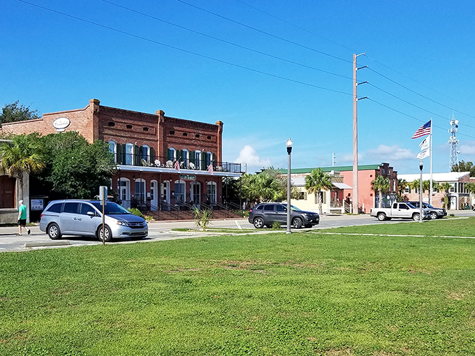 Apalachicola's historic downtown features brick buildings and wide streets, preserving the feel of a traditional working waterfront town.