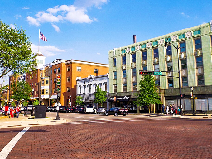 Beloit's main street stretches invitingly ahead, lined with American flags and the promise of community.