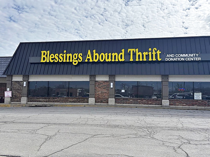 "Blessings Abound" indeed! Golden letters announce this thrifter's paradise like a marquee, promising overflowing treasures under that dramatic black awning.