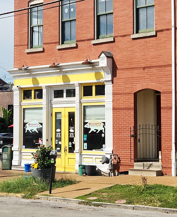 Bogart's sunny yellow storefront brightens up the brick building. That cheerful facade is your gateway to serious St. Louis barbecue bliss!
