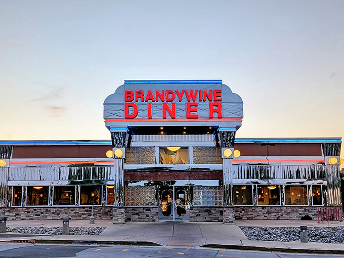 Brandywine Diner's illuminated sign beckons with promises of classic comfort. Art deco meets eggs over-easy in dazzling harmony.