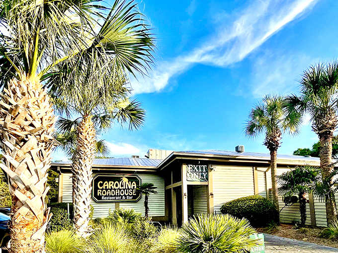 Palm trees frame Carolina Roadhouse, where beach vibes meet serious steak skills in perfect Myrtle Beach harmony.