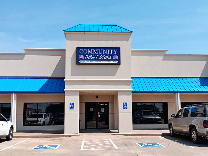 Community Thrift Store's crisp blue and white exterior promises a clean, organized treasure hunt inside.