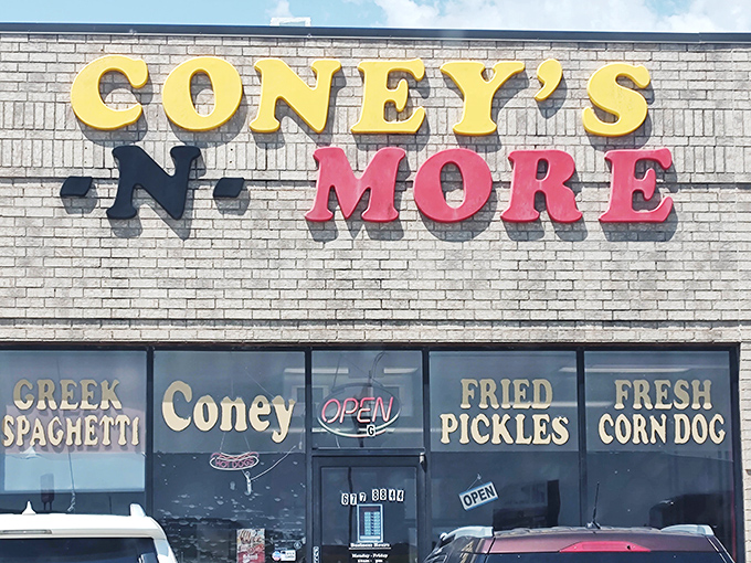 Coneys & More announces itself in bold yellow letters. Greek spaghetti, fried pickles, and fresh corn dogs? I'm already in line!