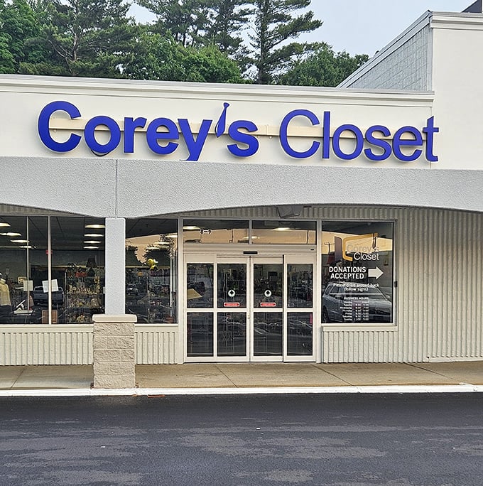 Bold blue letters announce a closet that's anything but cramped. Corey must have had excellent taste!