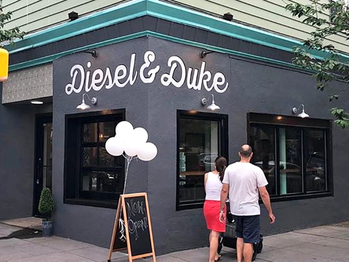 Diesel & Duke's sleek black exterior hints at the no-nonsense burger craftsmanship waiting inside.
