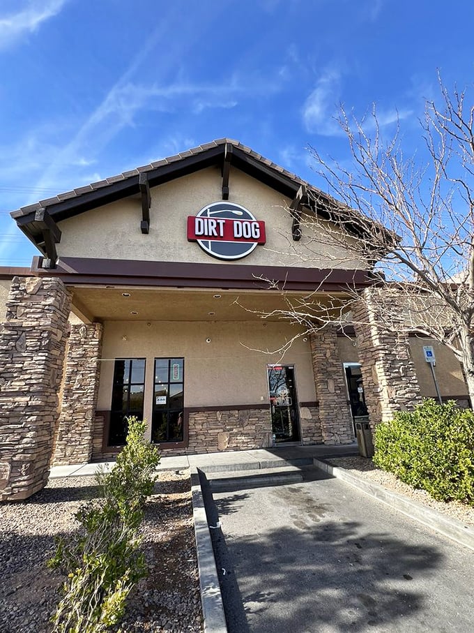 Dirt Dog's stone facade location feels like the hot dog equivalent of a luxury cabin—rustic on the outside, indulgent on the inside.