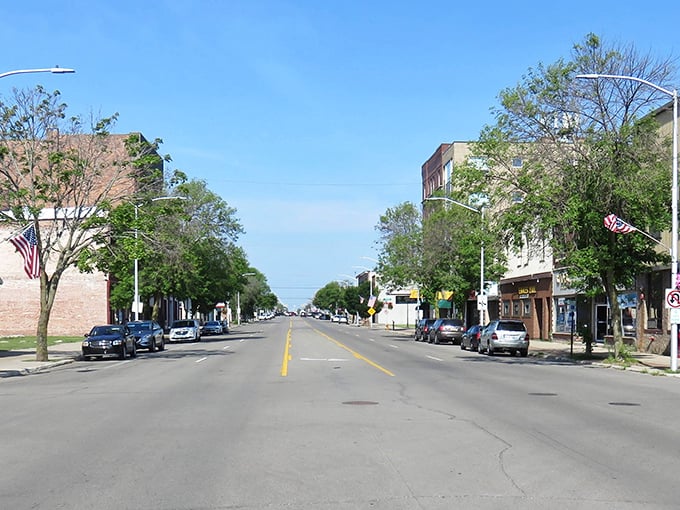 Escanaba's main street stretches toward the horizon &ndash; where American flags flutter and nobody's rushing to beat the traffic light.