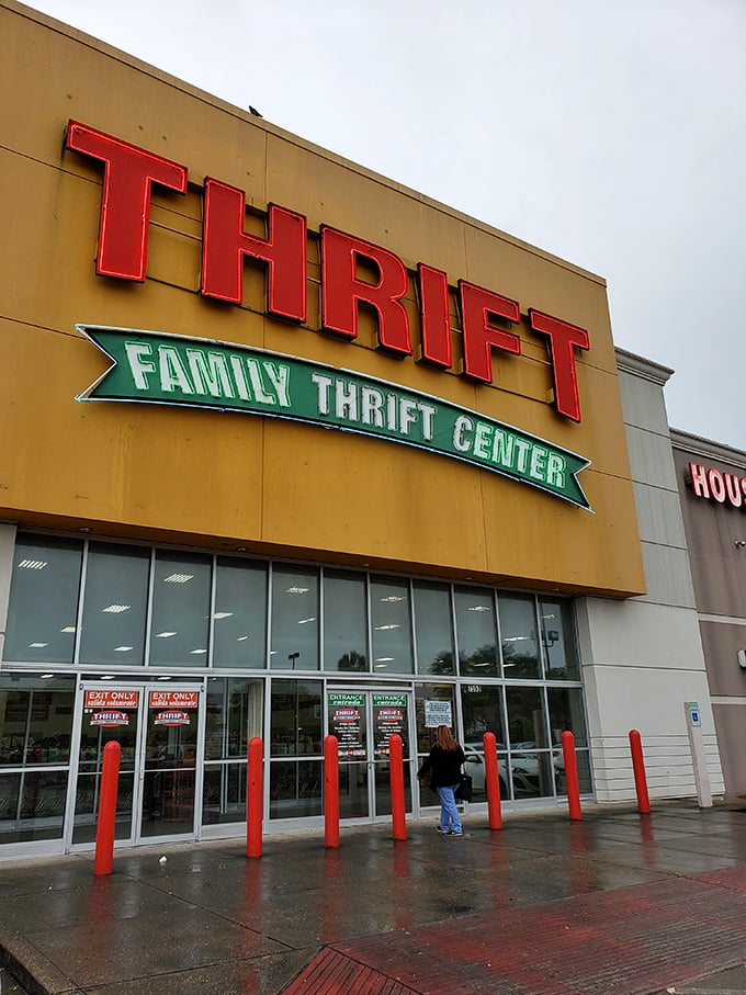 Family Thrift Center's bold red lettering signals serious savings ahead. The Pentagon of pre-owned treasures!