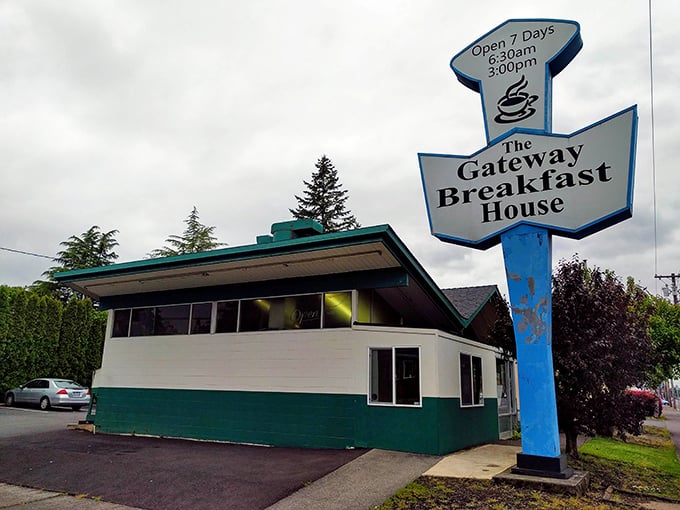 The Gateway Breakfast House sign stands tall &ndash; a blue arrow pointing directly to pancake happiness.