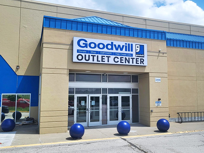 The Goodwill Outlet's blue spheres aren't just decorative&mdash;they're like planets in the bargain universe you're about to explore.