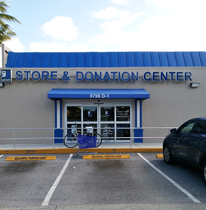 Goodwill's bright blue signage welcomes donation-droppers and treasure-seekers alike to this community-supporting bargain bonanza.