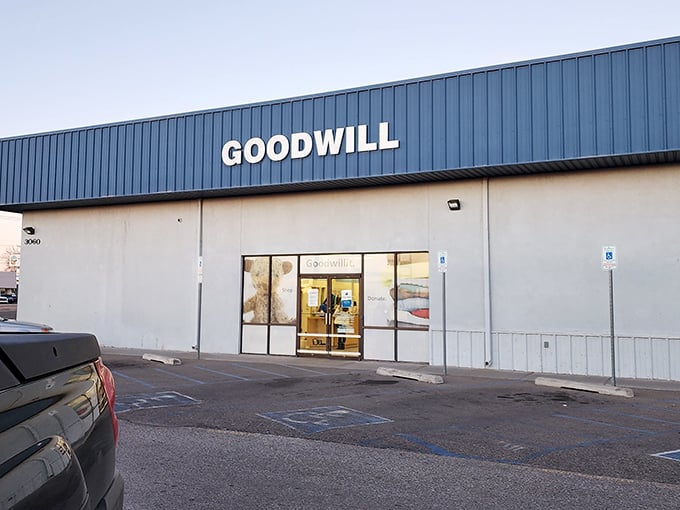 Goodwill's clean lines and bright signage promise an organized treasure hunt in the heart of Santa Fe.
