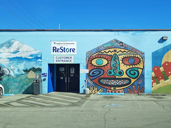 Street art meets thrift store magic in this colorful Charleston gem that brightens any day.