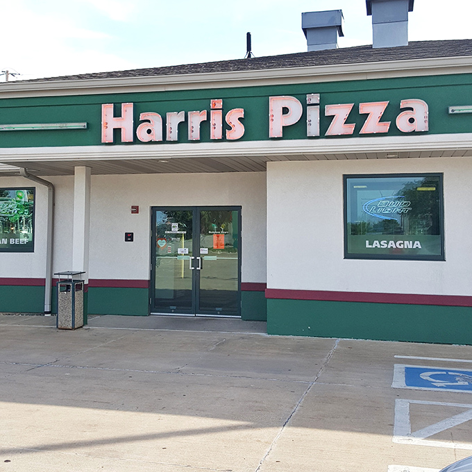 Harris Pizza's straightforward exterior hides the home of Quad Cities-style pizza. Sometimes the most unassuming places hold the greatest treasures.