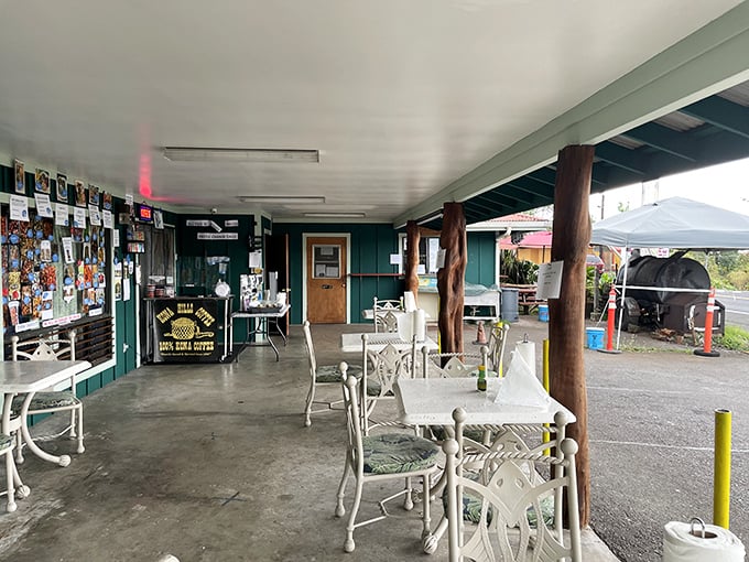 Honaunau Poke Shop's rustic wooden tables offer the perfect setting for enjoying poke with a side of Hawaiian charm.