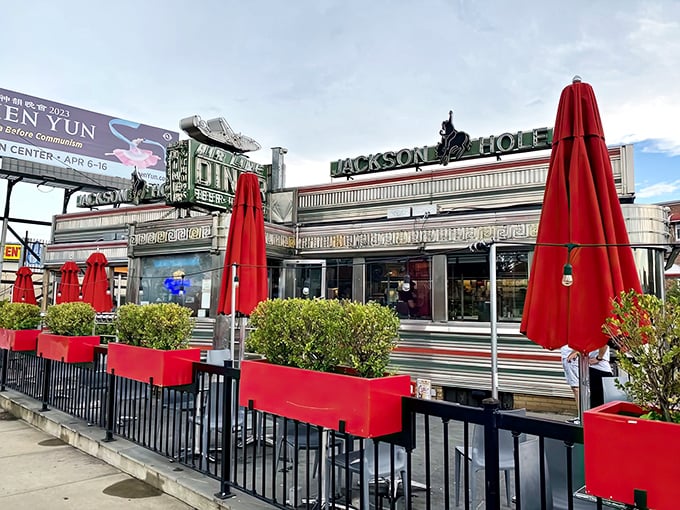 Jackson Hole gleams in the sunlight like a chrome-plated time capsule. Those red planters add just the right pop of color!