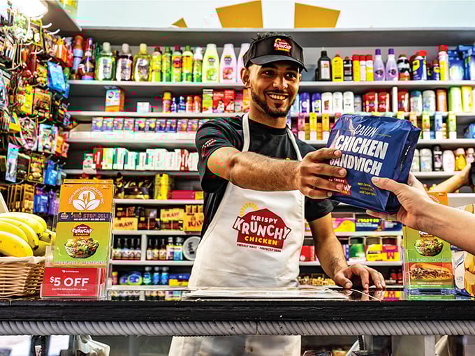 The convenience store setting might surprise you, but that display case of golden-brown perfection tells the real story. Krispy Krunchy doesn't mess around.