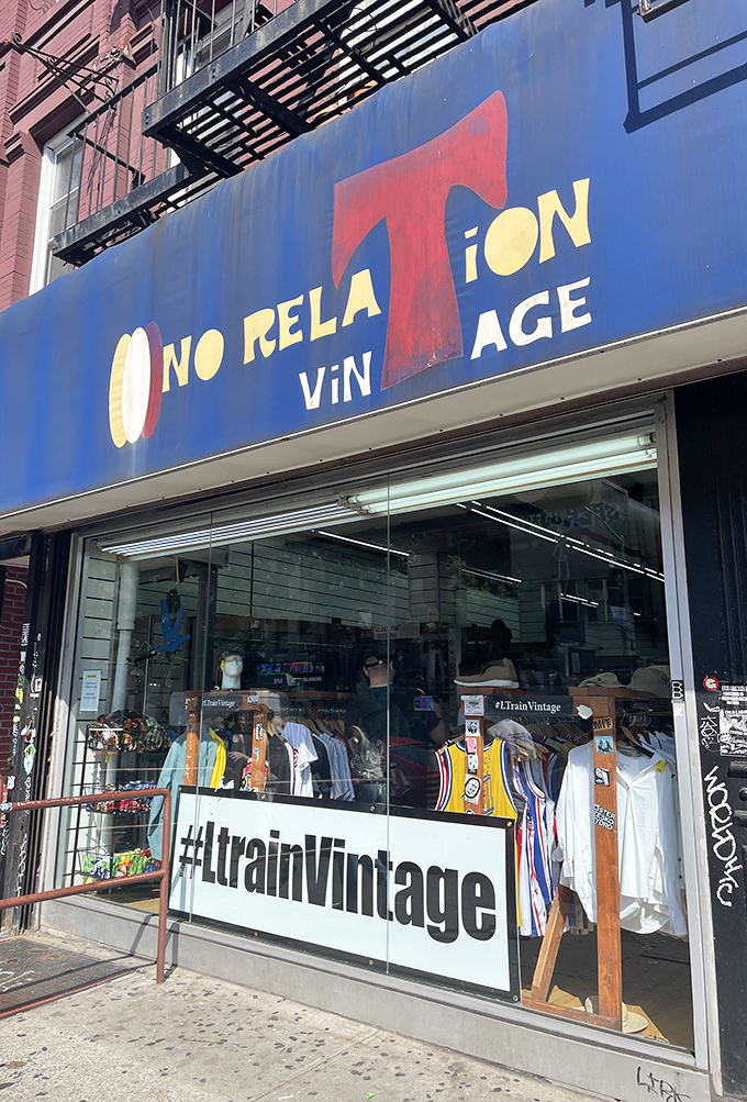 L Train Vintage's bold blue storefront announces itself as the cool kid of thrift stores, where vintage sports jerseys reign supreme.