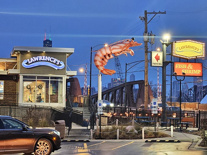 Lawrence's giant shrimp sign against the Chicago skyline—a perfect marriage of seafood and skyline.