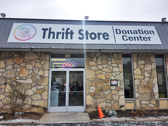 Behind that stone facade and welcoming sign, Lost-N-Found Youth's thrift store turns your shopping dollars into community support.