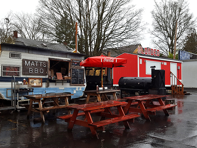 Rain or shine, Matt's blue trailer beckons barbecue lovers. Some of Portland's best brisket emerges from this modest mobile smoker.