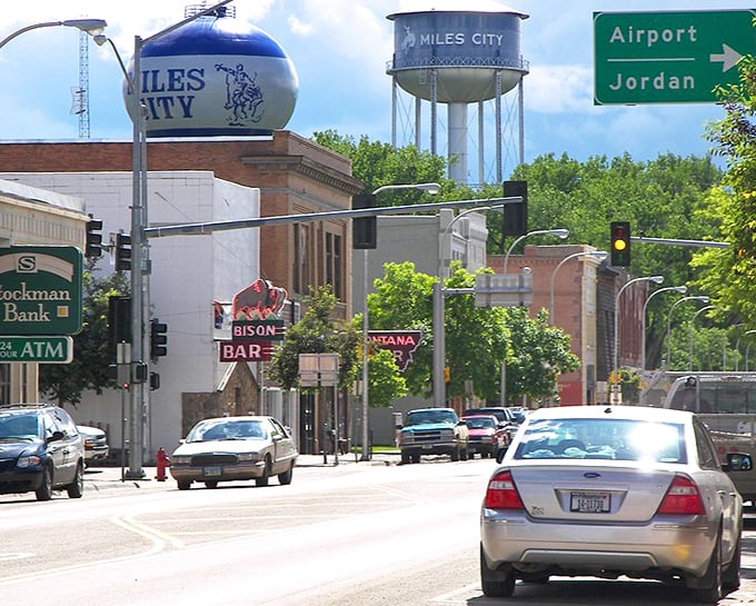 Miles City's iconic water tower stands tall over its affordable downtown, where Social Security dollars stretch further than in larger cities.