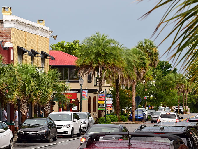 Tropical palm fronds frame a view of historic buildings with colorful storefronts, lining a busy street filled with cars under a soft, overcast sky.